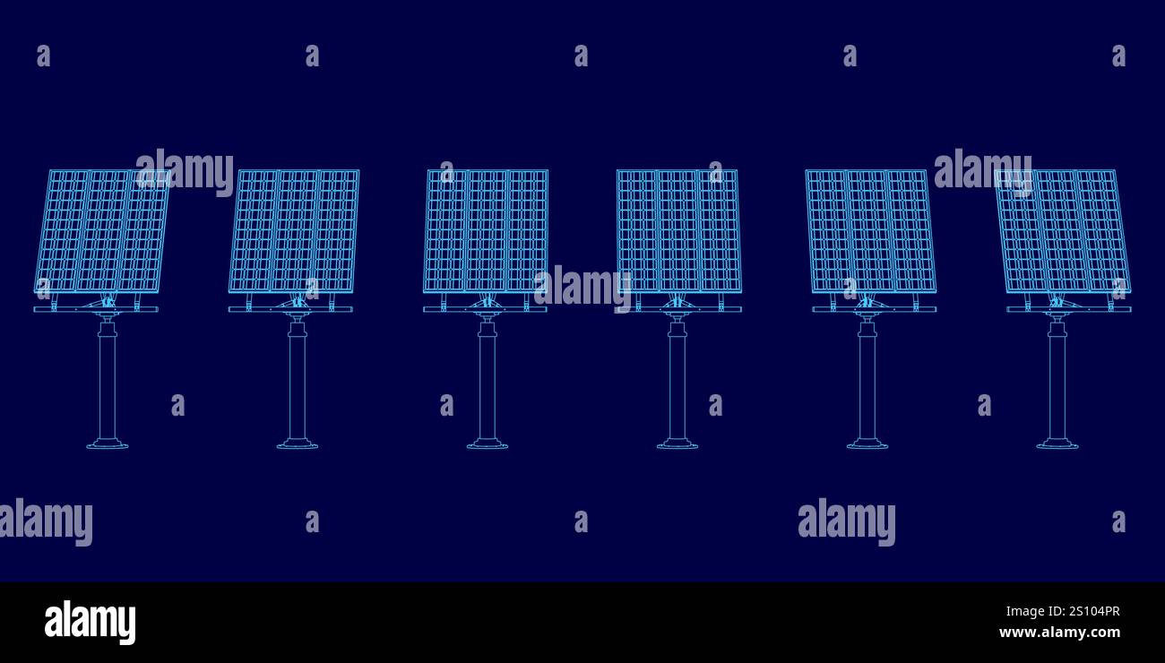 Blue image of solar panels. The image is a computer generated drawing ...