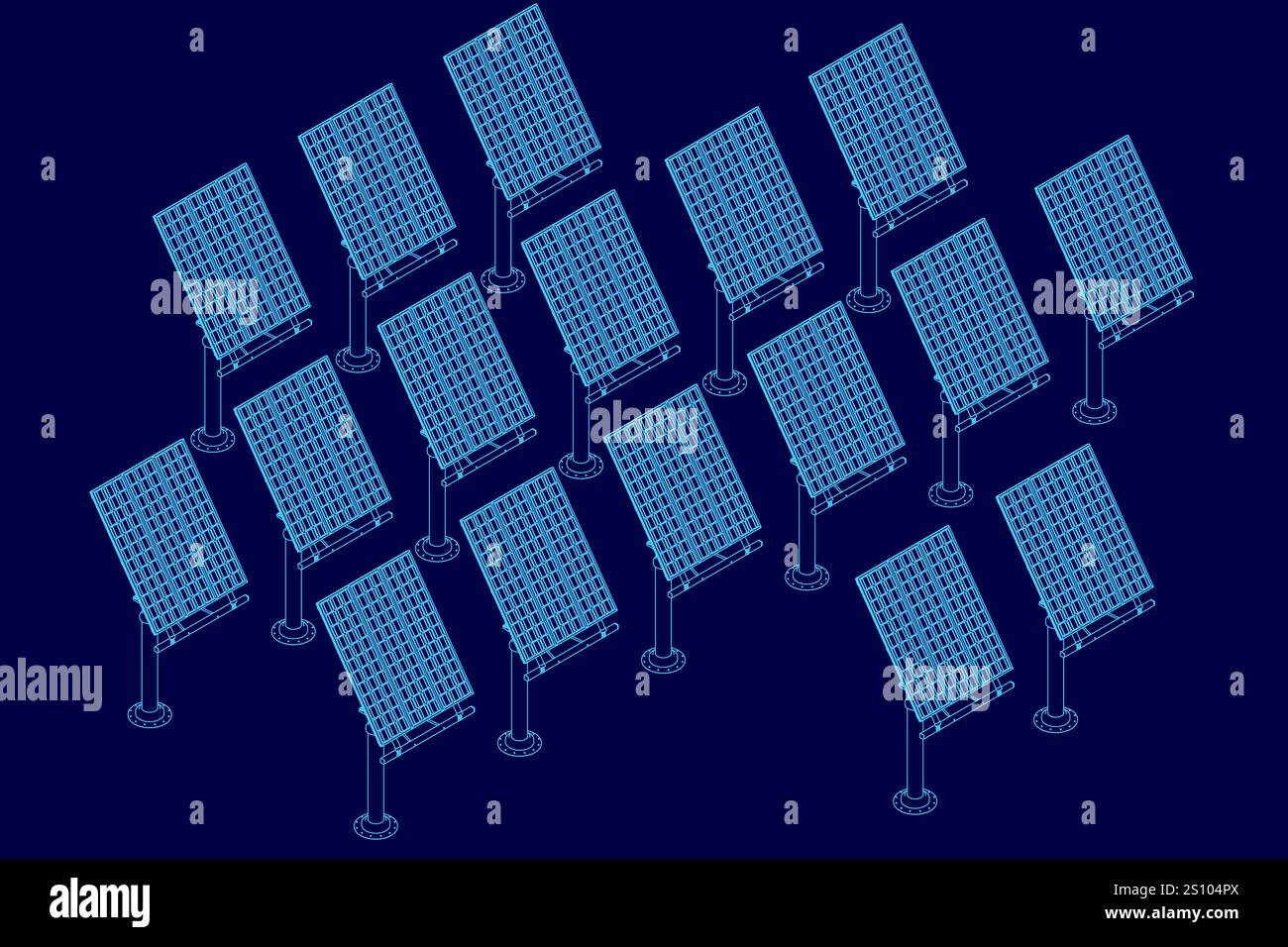 Blue image of solar panels. The image is a computer generated drawing ...