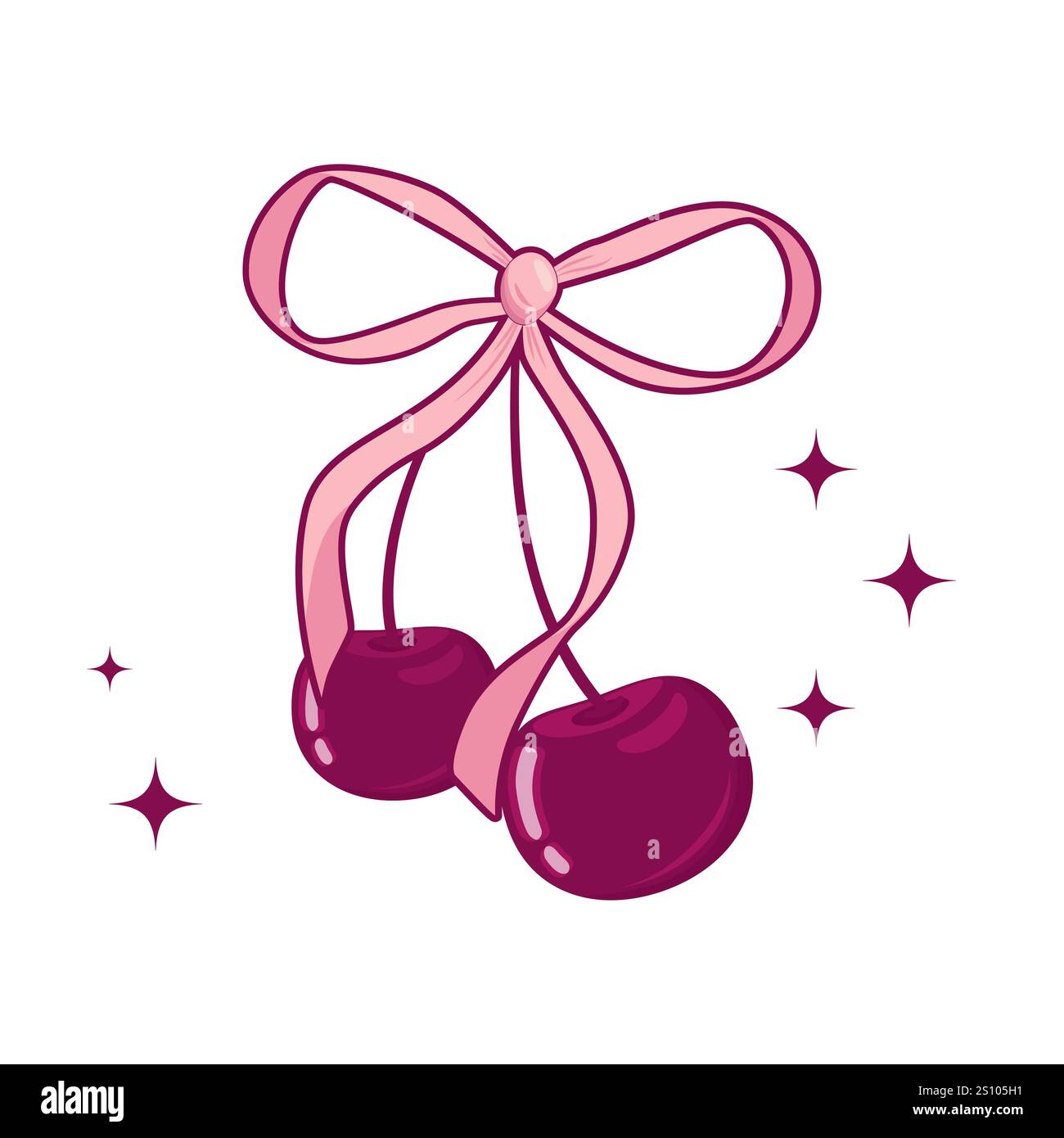 Romantic Illustration with Sweet Cherry berries and Bow. Coquette Style ...