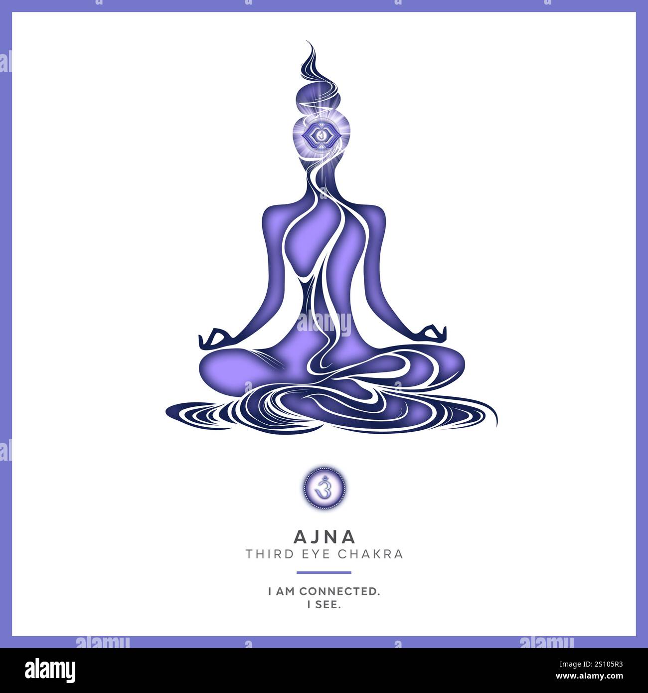 Third Eye Chakra (Ajna) Meditation with Affirmation. Female silhouette in yoga lotus pose ...