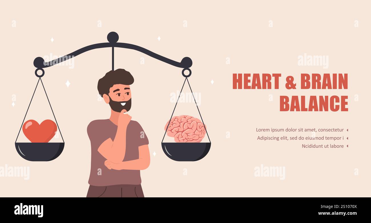 Balance between Heart and Brain. Wellness concept. Man looking at ...