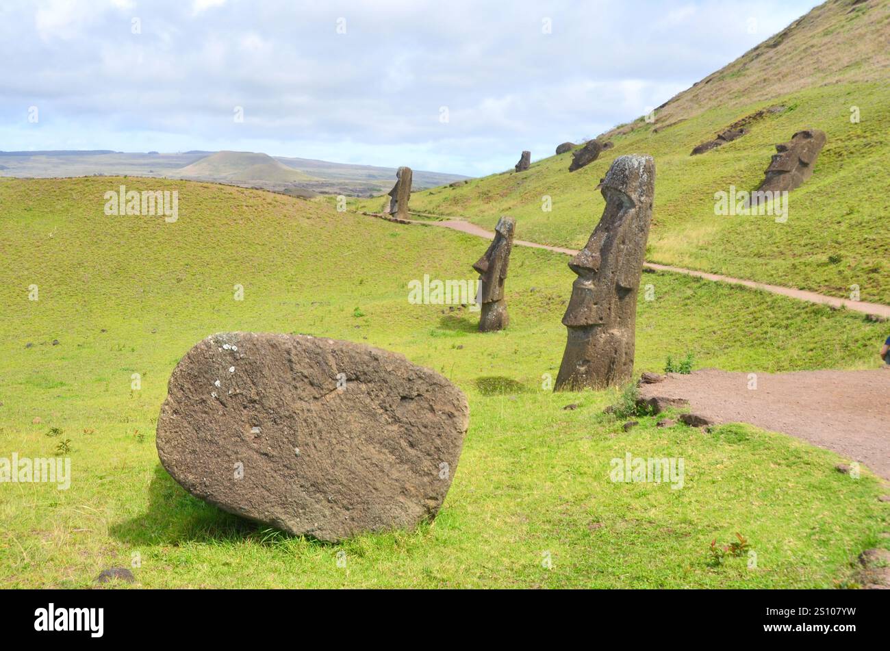 Moai statues abandoned on the slopes of the Rano Raraku volcano on ...
