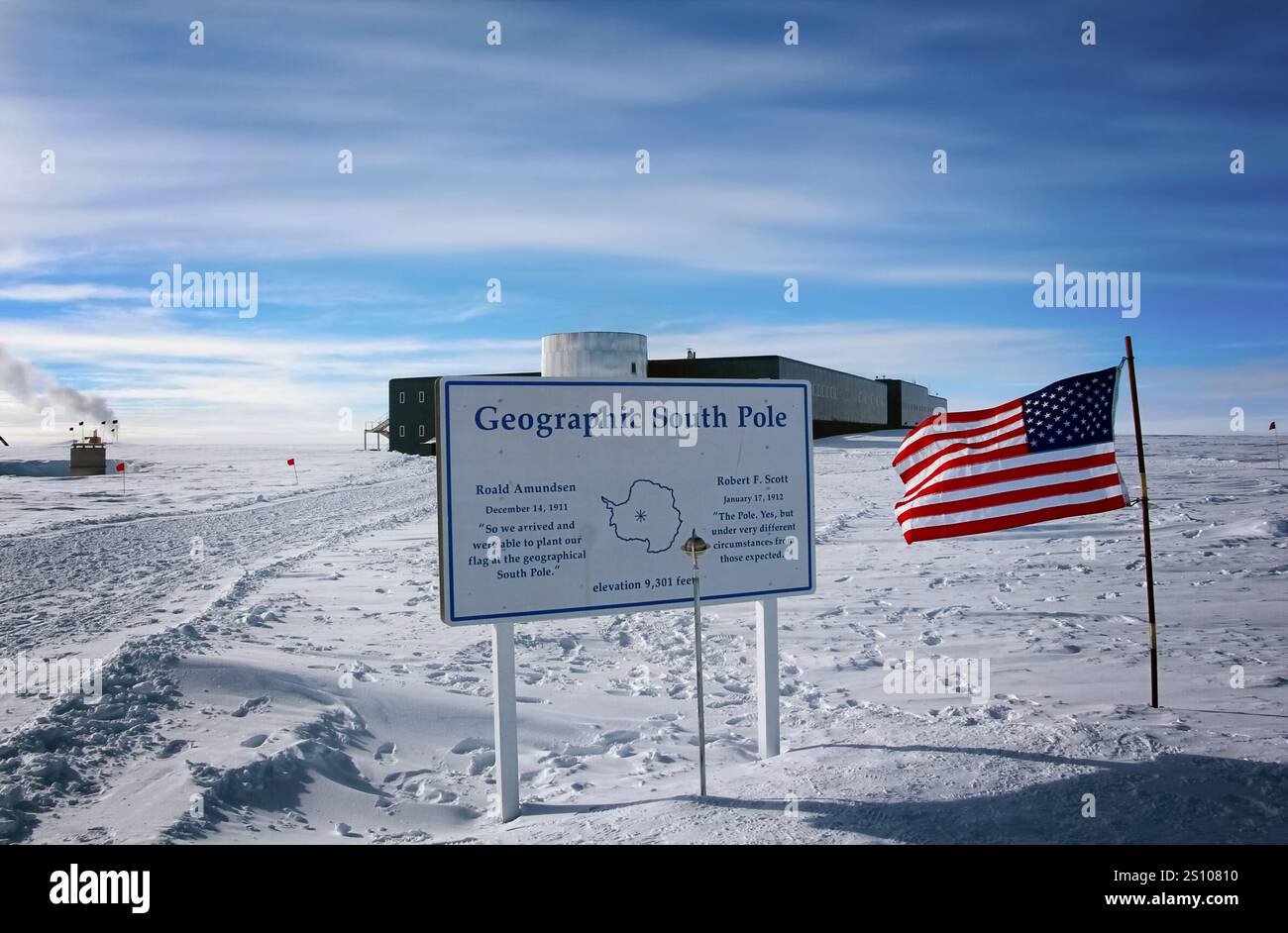 Geographic South Pole of the Earth in Antarctica. Sign with a map of ...