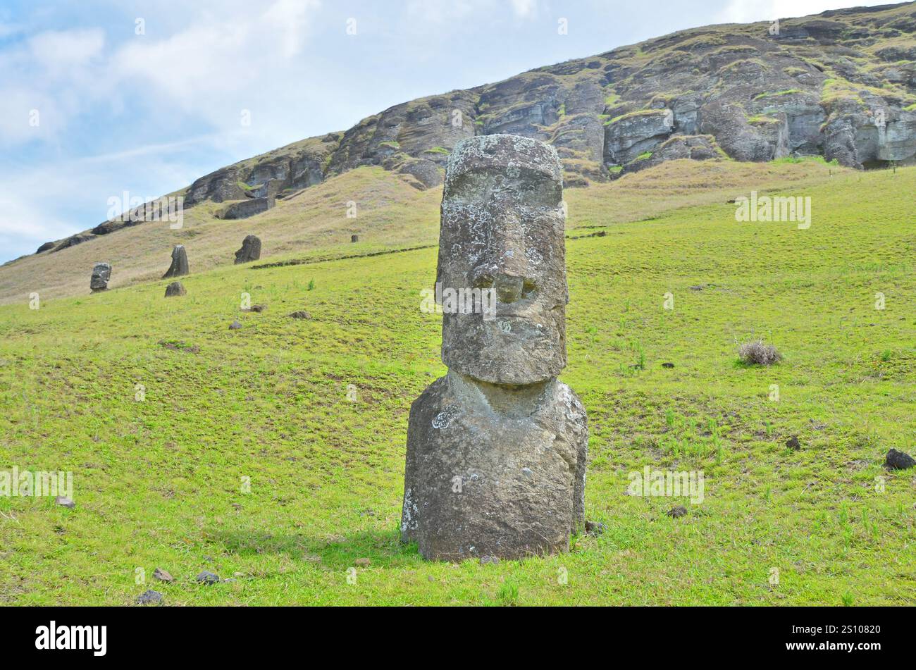 Moai statues abandoned on the slopes of the Rano Raraku volcano on ...