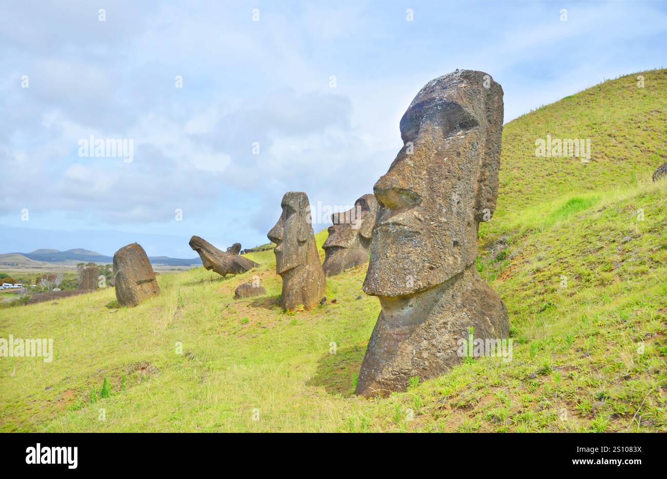 Moai statues abandoned on the slopes of the Rano Raraku volcano on Easter Island Stock Photo - Alamy