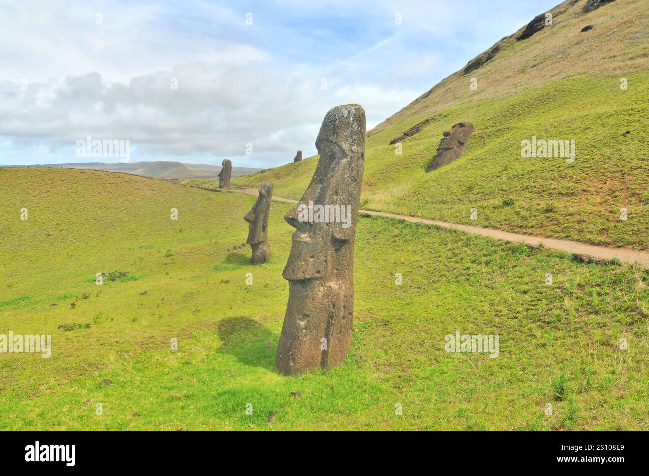 Moai statues abandoned on the slopes of the Rano Raraku volcano on ...