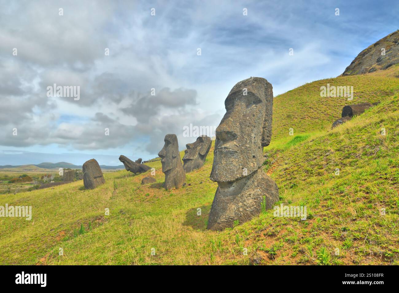 Moai statues abandoned on the slopes of the Rano Raraku volcano on ...