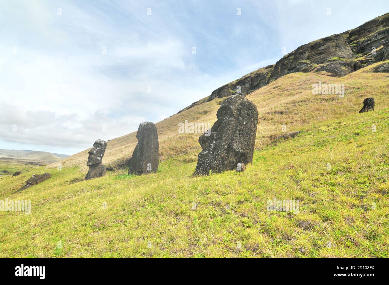 Moai statues abandoned on the slopes of the Rano Raraku volcano on ...