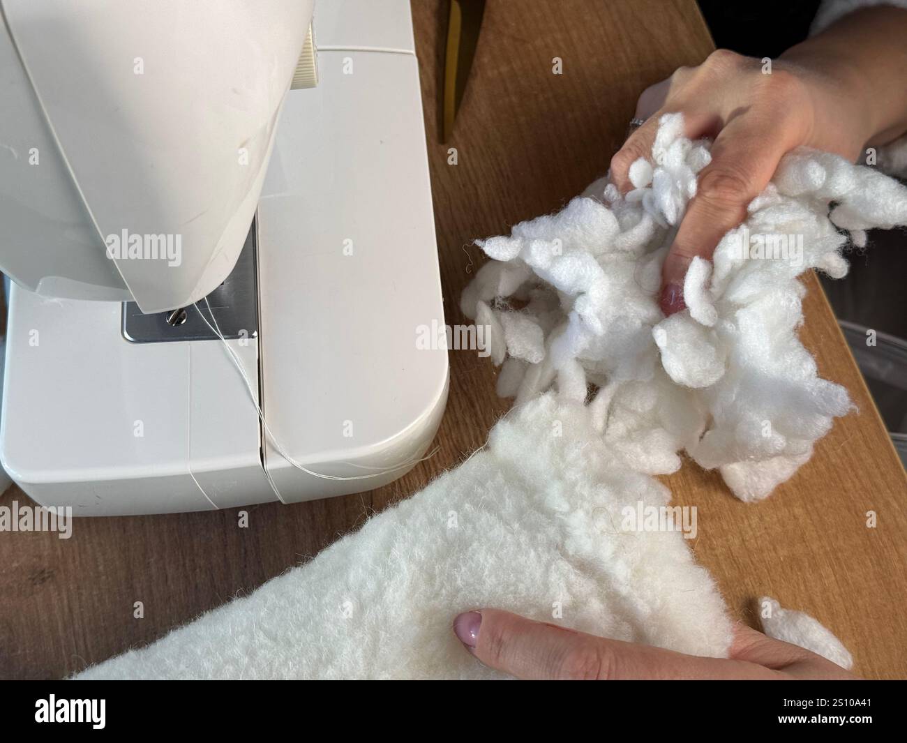A woman is putting stuffing into the sewn piece. She is sewing a pet ...