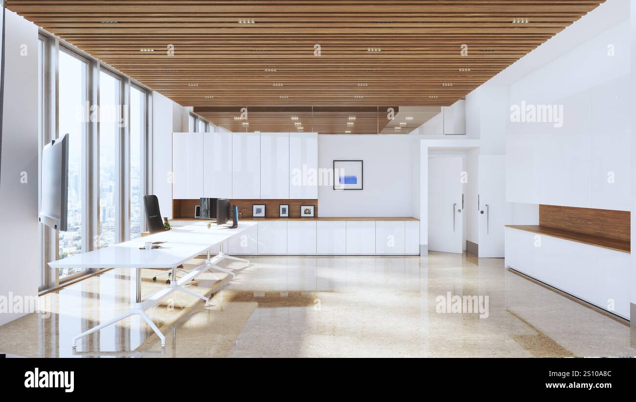 Modern executive office with large windows and minimalist design. 3d ...