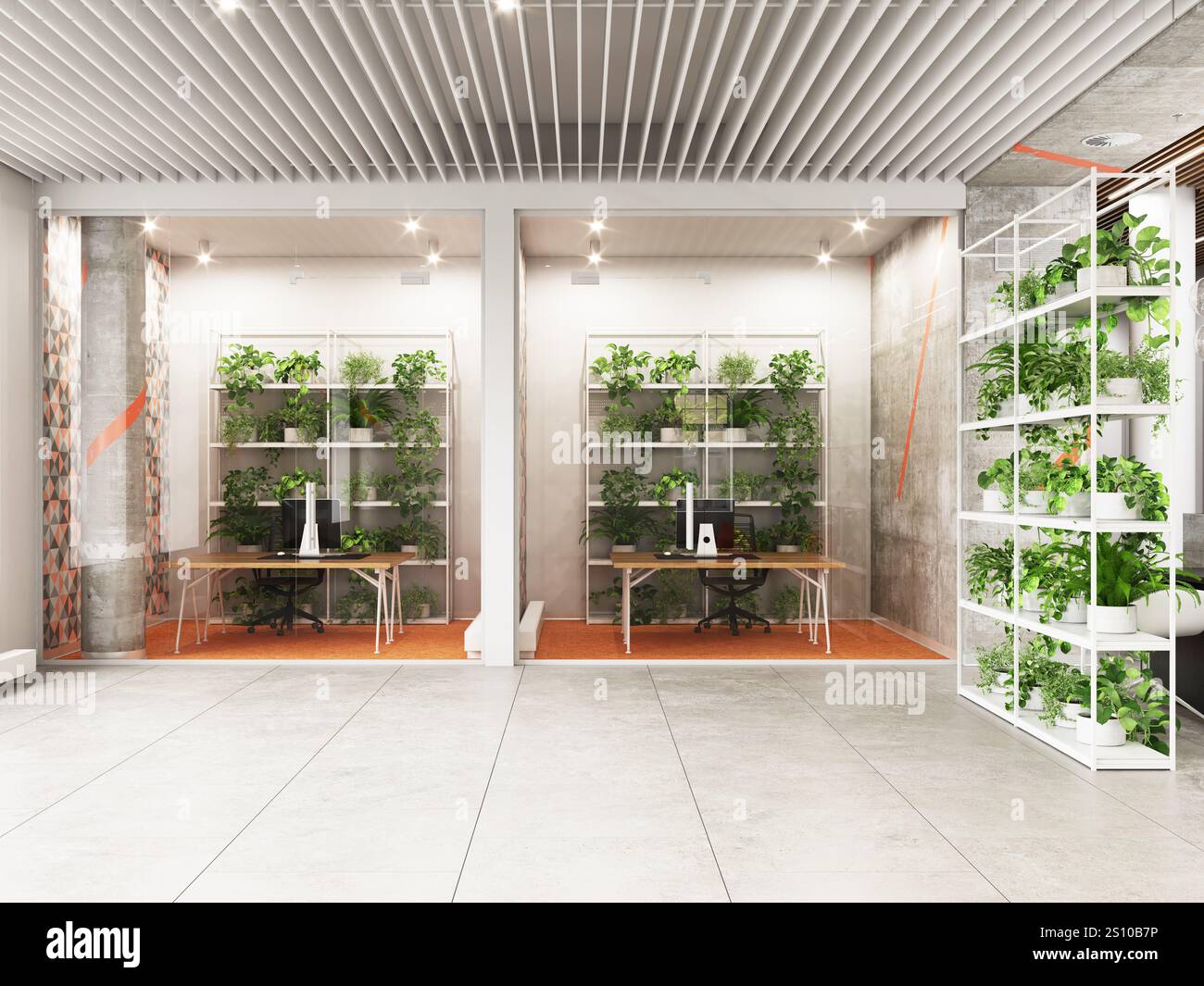Modern office with plants, glass partitions, and industrial design. 3d ...
