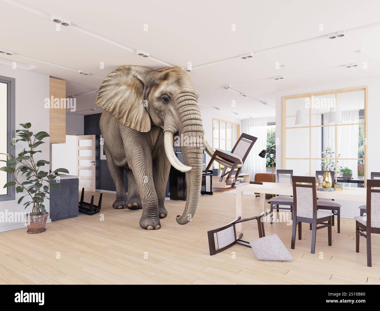 Elephant standing in modern living room with overturned furniture. 3d ...