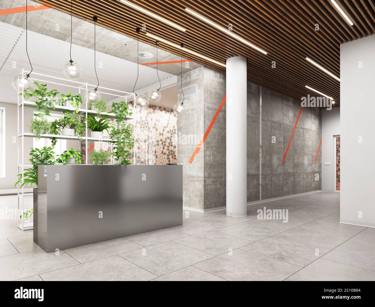 Modern office reception area with plants and industrial design elements ...