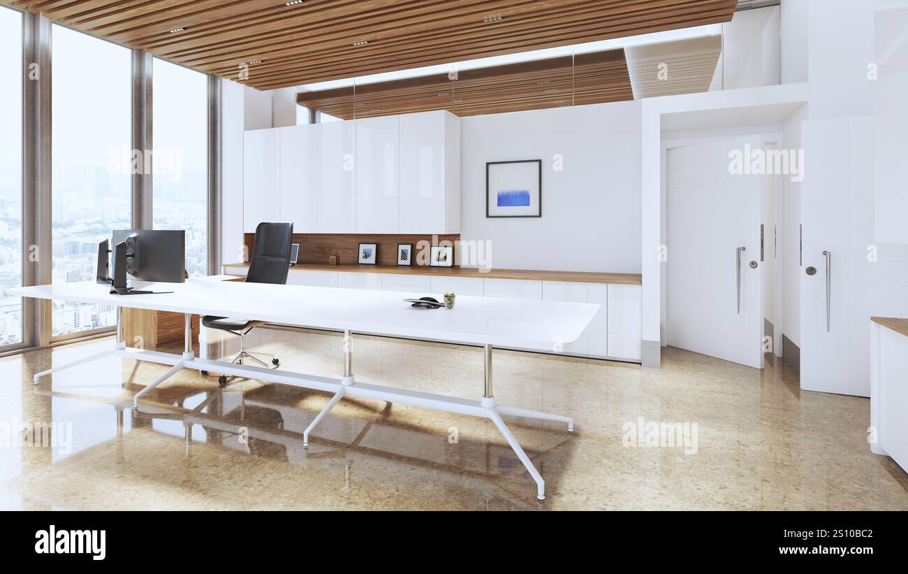 Modern executive office with large windows and minimalist design. 3d ...