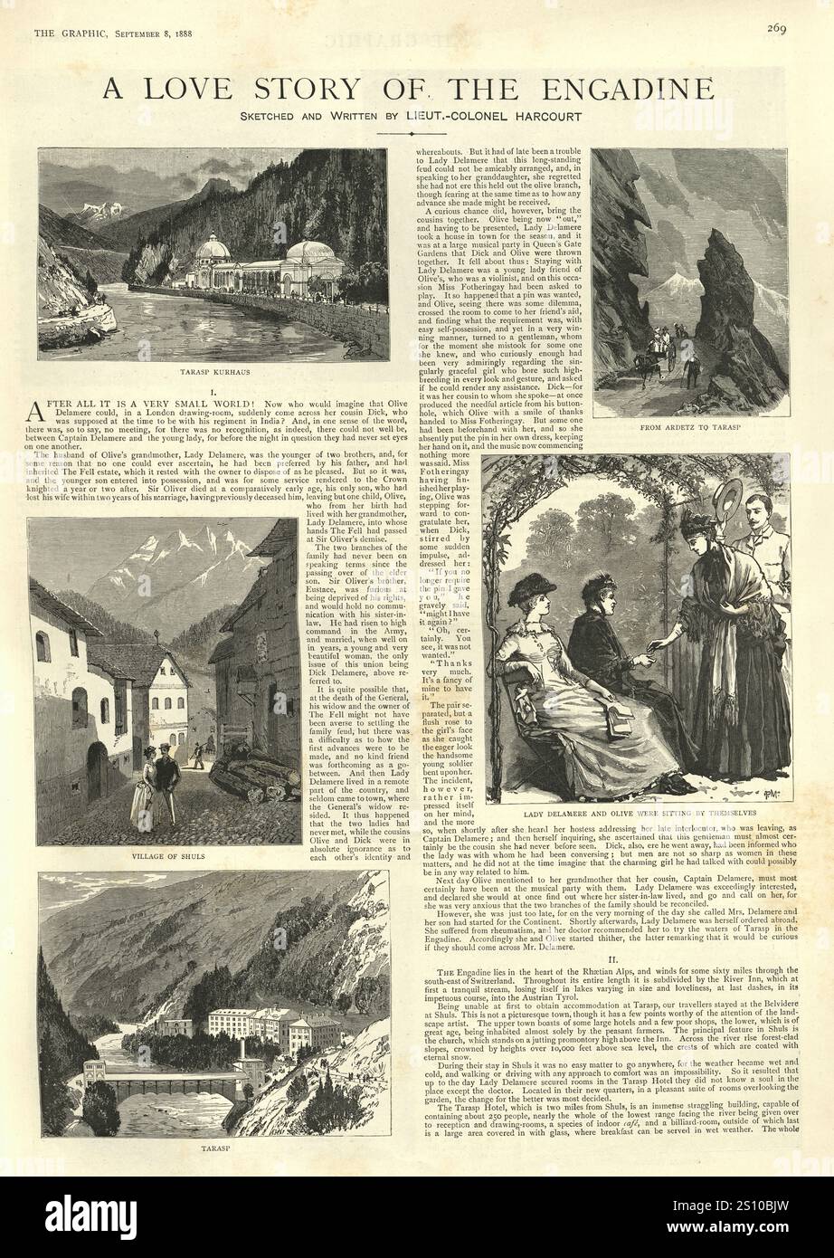 Vintage illustration of Engadin in the Swiss Alps, 19th Century. A love ...