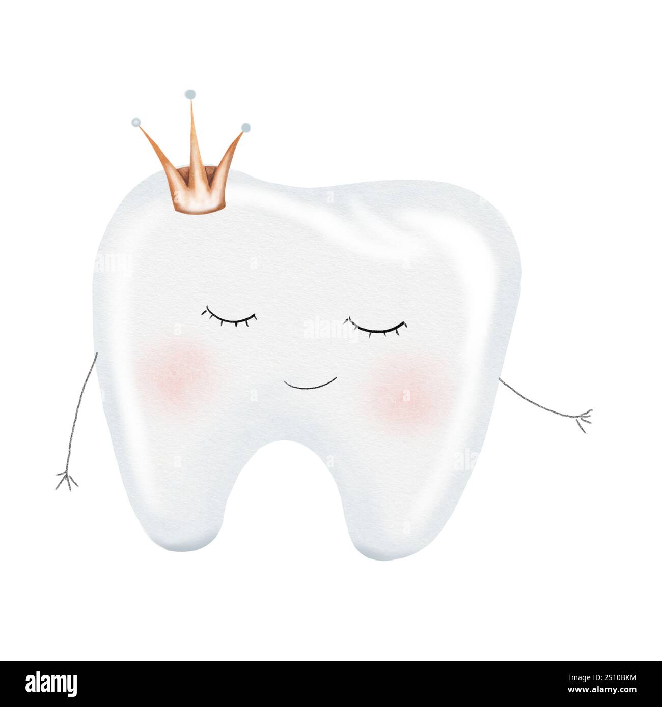 Baby tooth watercolor. Cute cartoon molar with crown on isolated white ...