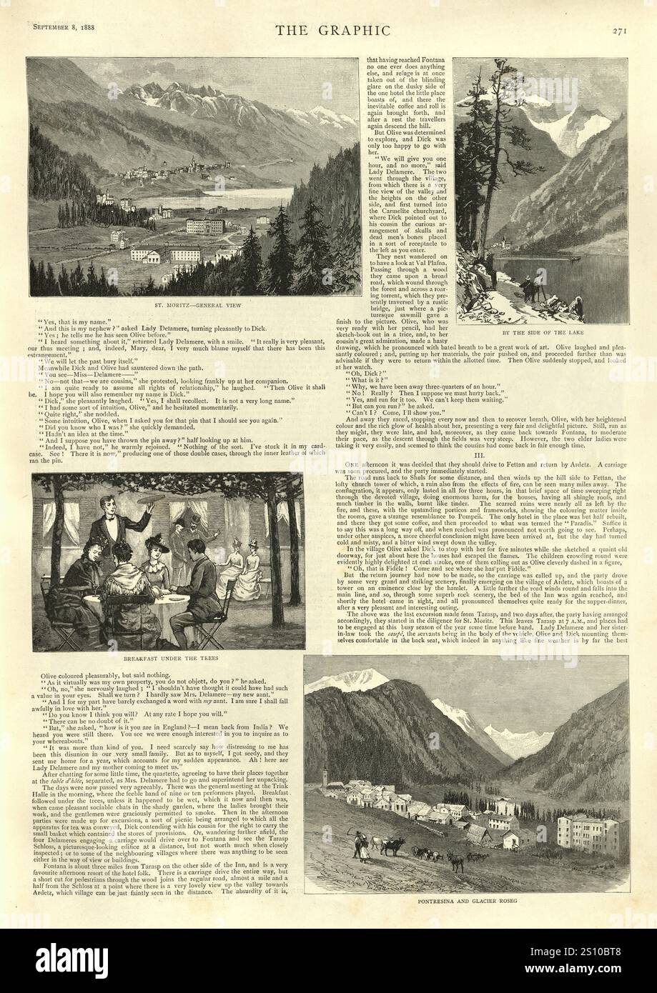 Vintage illustration of Engadin in the Swiss Alps, 19th Century. A love ...
