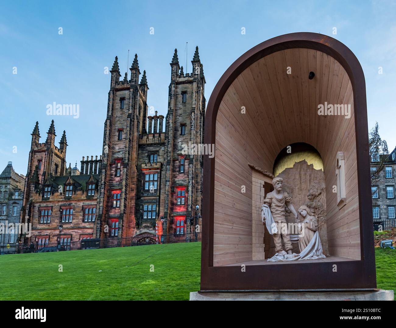Nativity scene on the Mound with Assembly Hall lit up at dusk ...