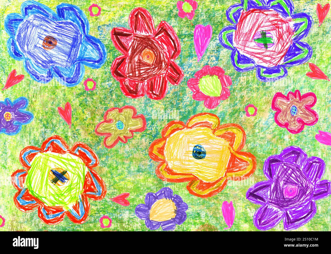 Colorful child's art painting of flowers. Genuine artwork by a five ...