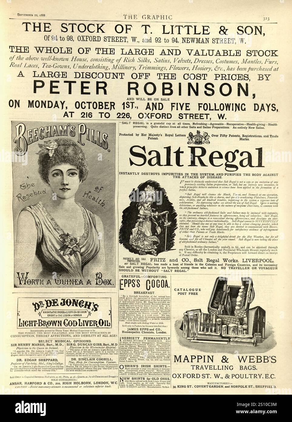 Old Victorian newspaper page of adverts, Stock. Beecham's Pills, Salt ...