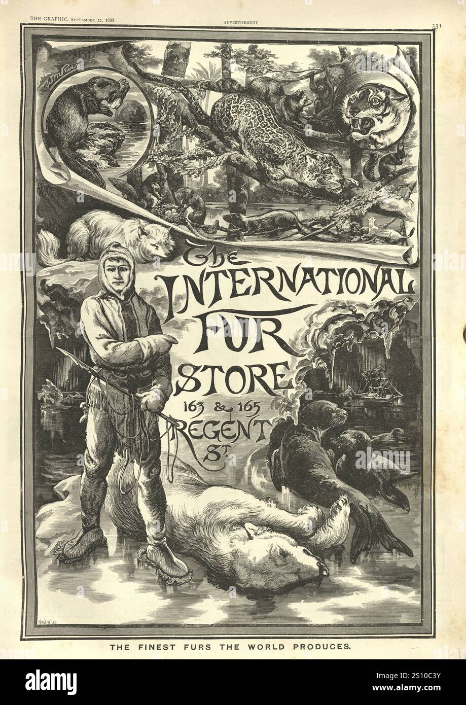 Old Victorian newspaper page of advert for INternational fur store ...