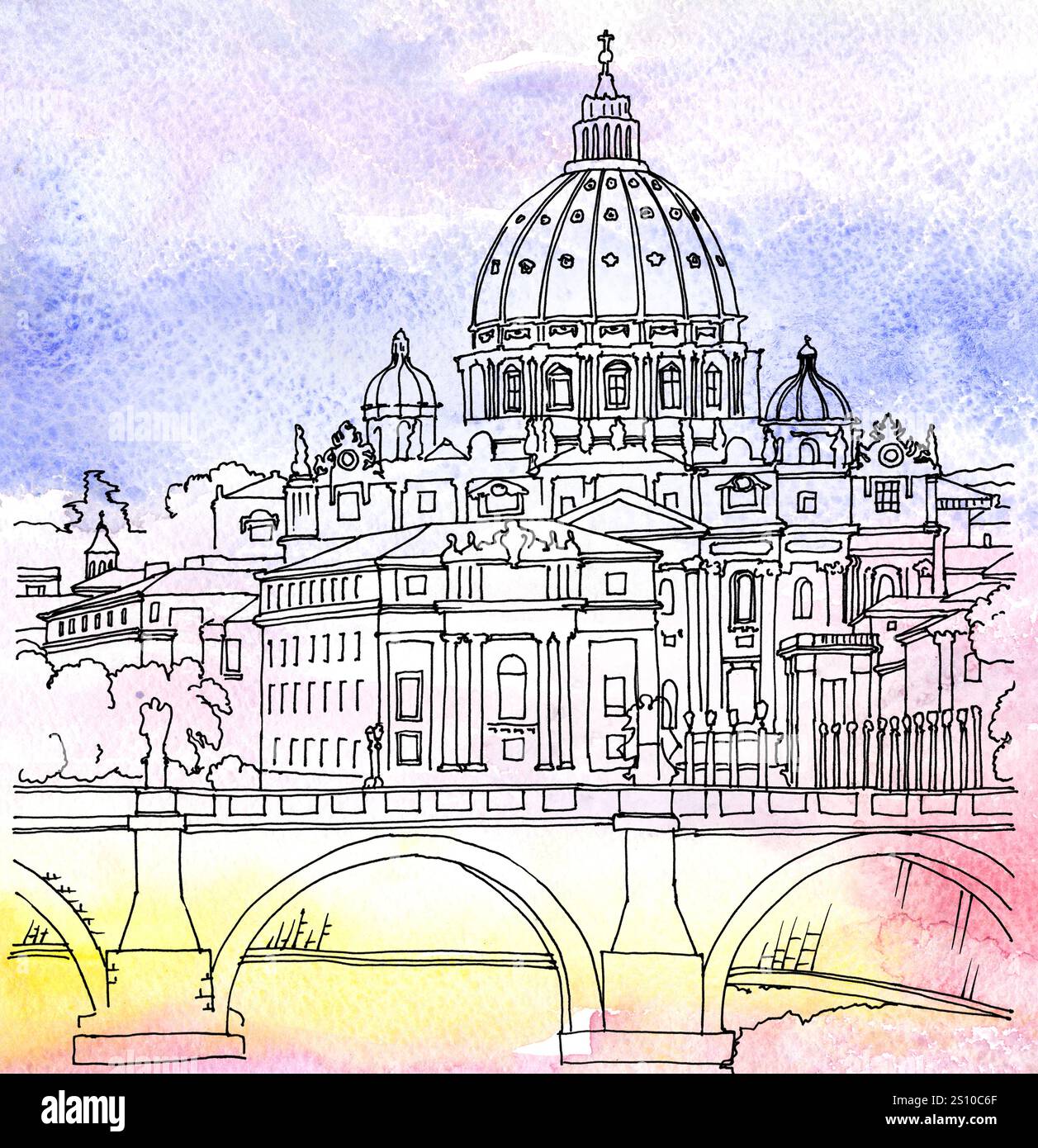 Watercolored illustration of Dome of St. Peter's Basilica in Rome ...