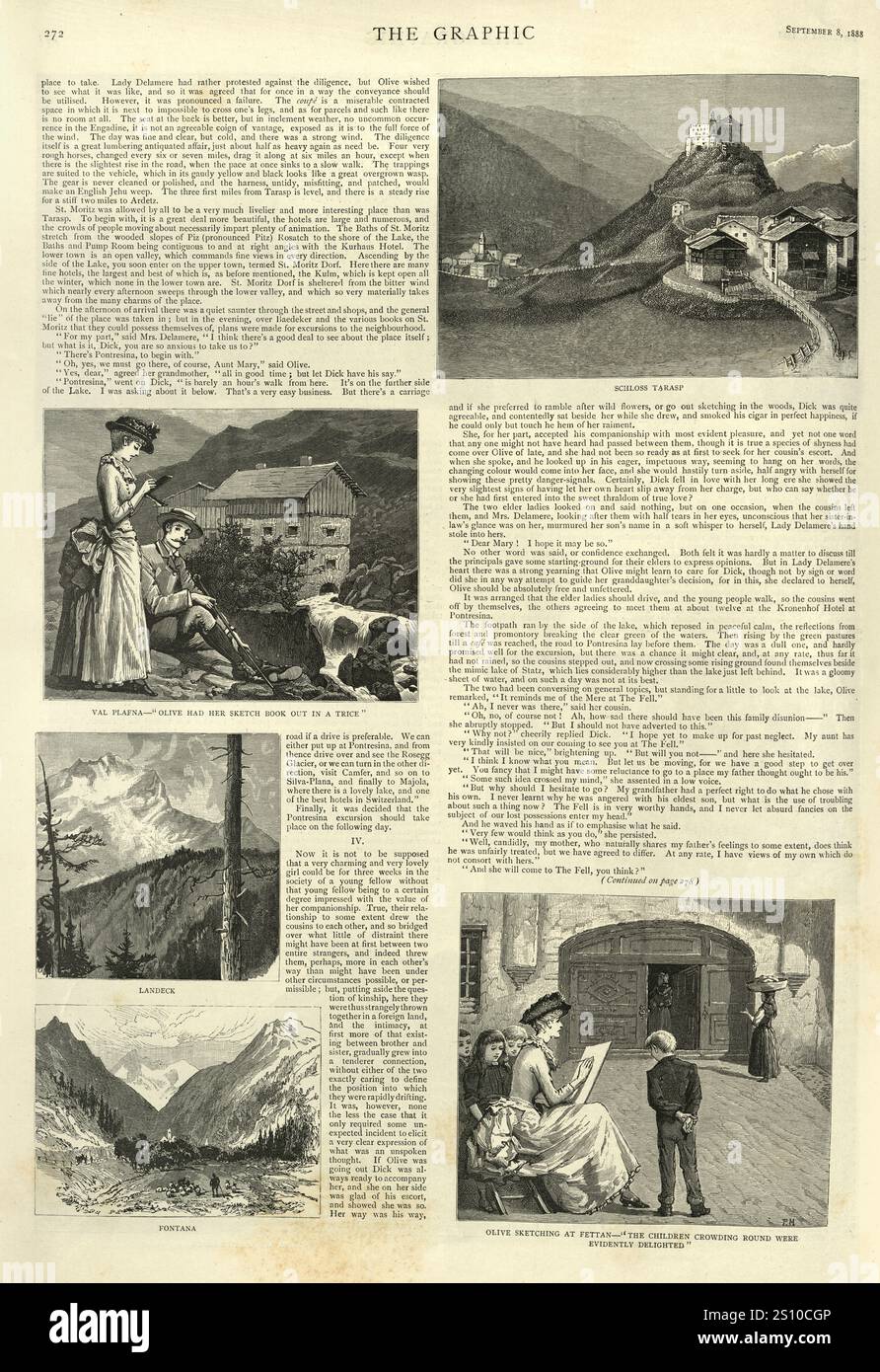 Vintage illustration of Engadin in the Swiss Alps, 19th Century. A love ...