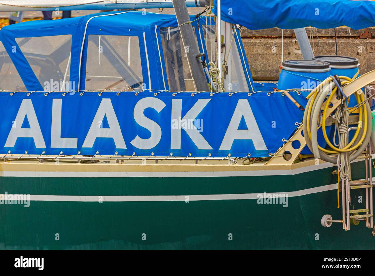Blue Banner White Sign Alaska at Sailboat Vessel Stock Photo - Alamy