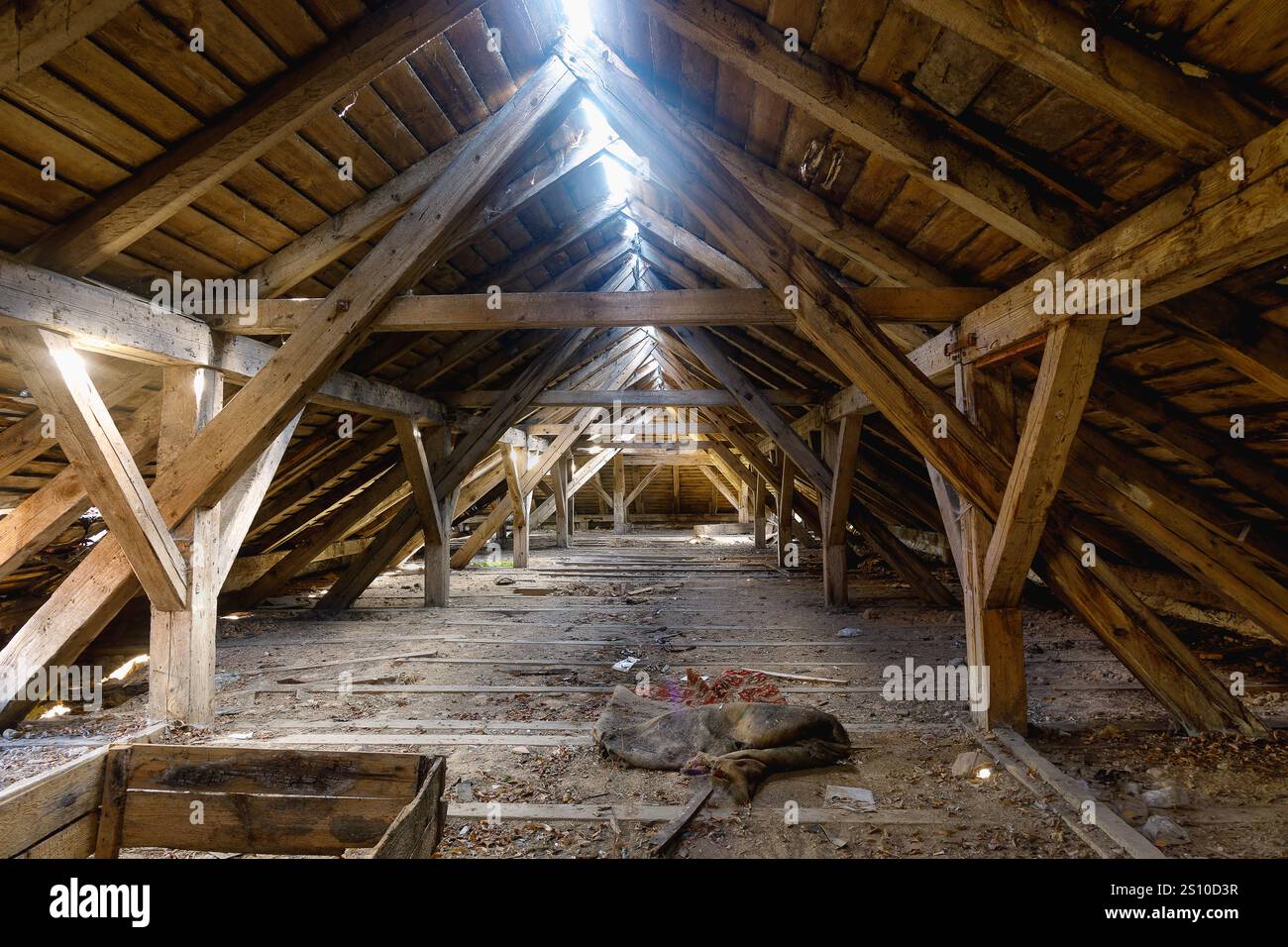 The attic of an old ruined house, light shines through holes in the ...