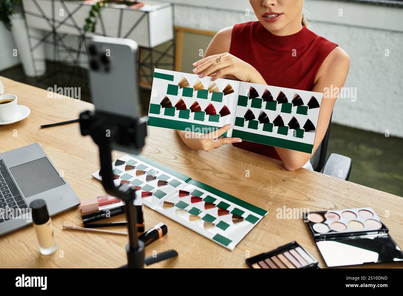 young influencer engages viewers while showcasing hair color samples ...
