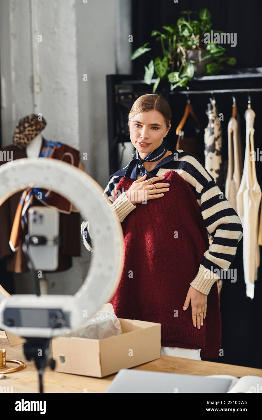 Young woman showcases an eye-catching outfit while filming content in ...