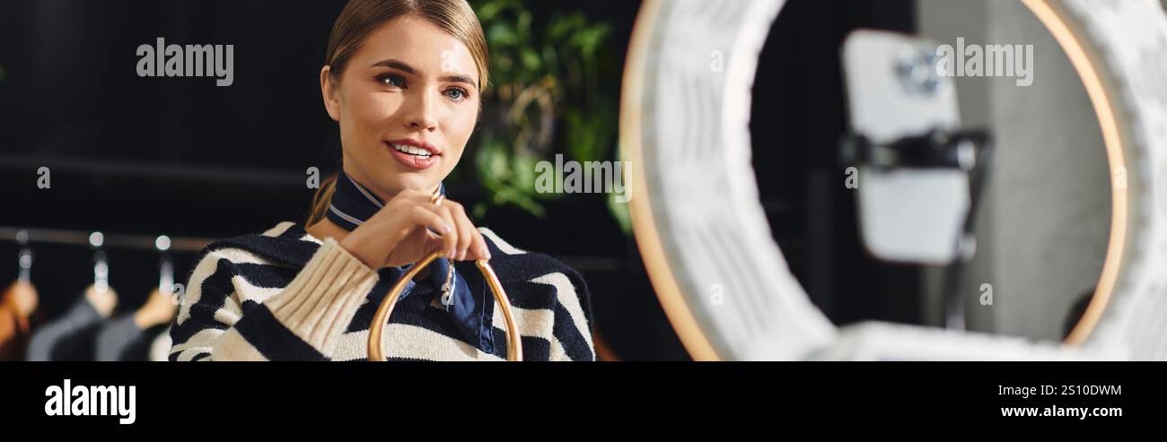 Attractive millennial influencer showcases her unique style while ...