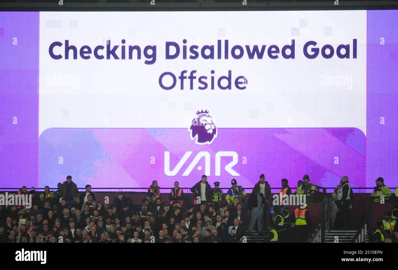 File photo dated 30-11-2024 of a VAR announcement at the London Stadium ...