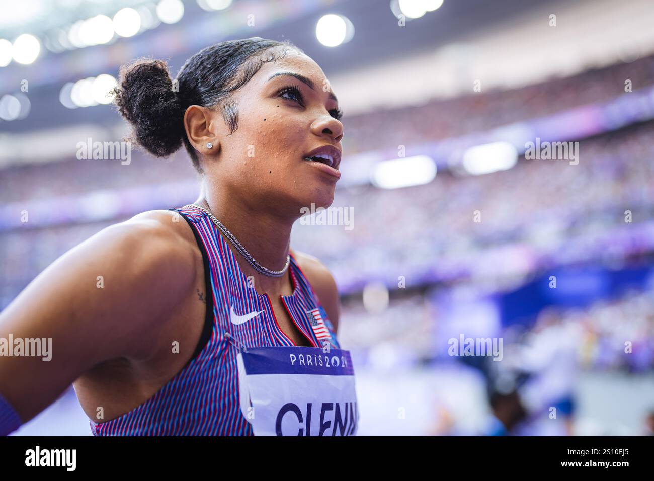 Rachel Glenn participating in the high jump at the Paris 2024 Olympic ...