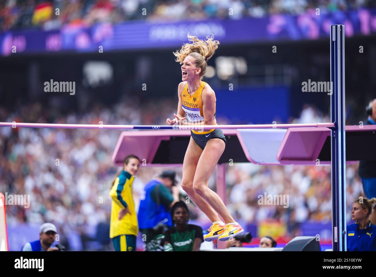 Christina Honsel participating in the high jump at the Paris 2024 ...