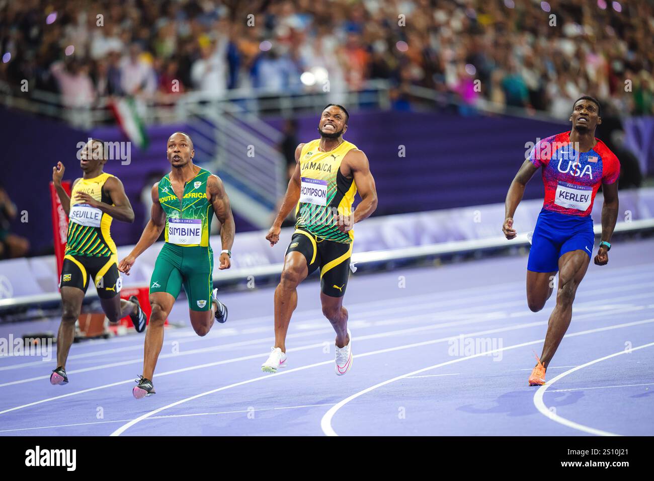 Kishane Thompson participating in the 100 metres at the Paris 2024 ...