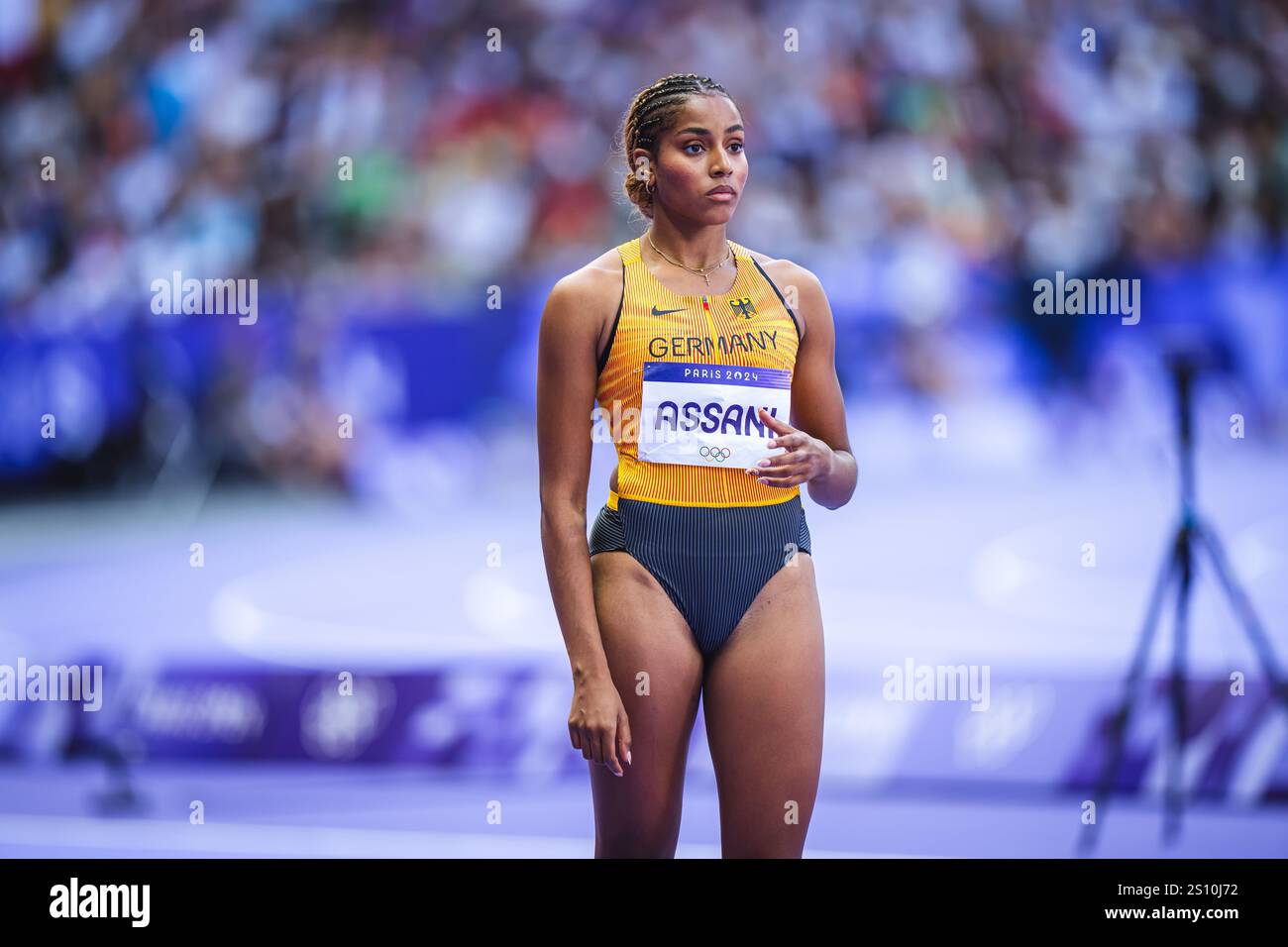 Mikaelle Assani participating in the long jump at the Paris 2024 ...