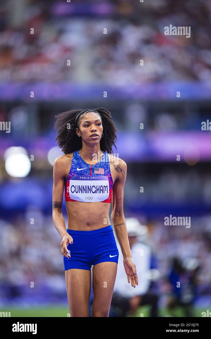 Vashti Cunningham participating in the high jump at the Paris 2024 ...