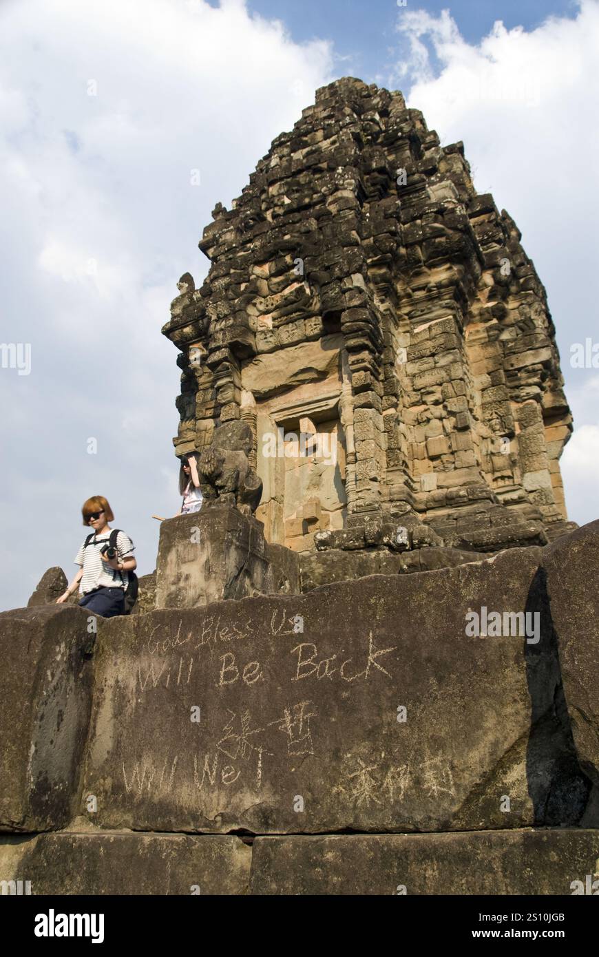 Graffiti on the Bakong temple built by the Khmer empire at Angkor, near ...