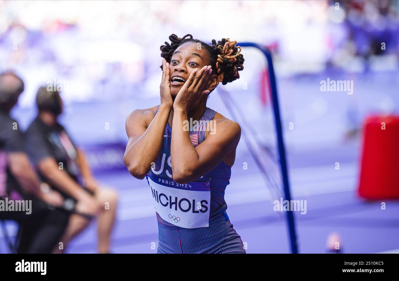 Monae' Nichols participating in the long jump at the Paris 2024 Olympic ...