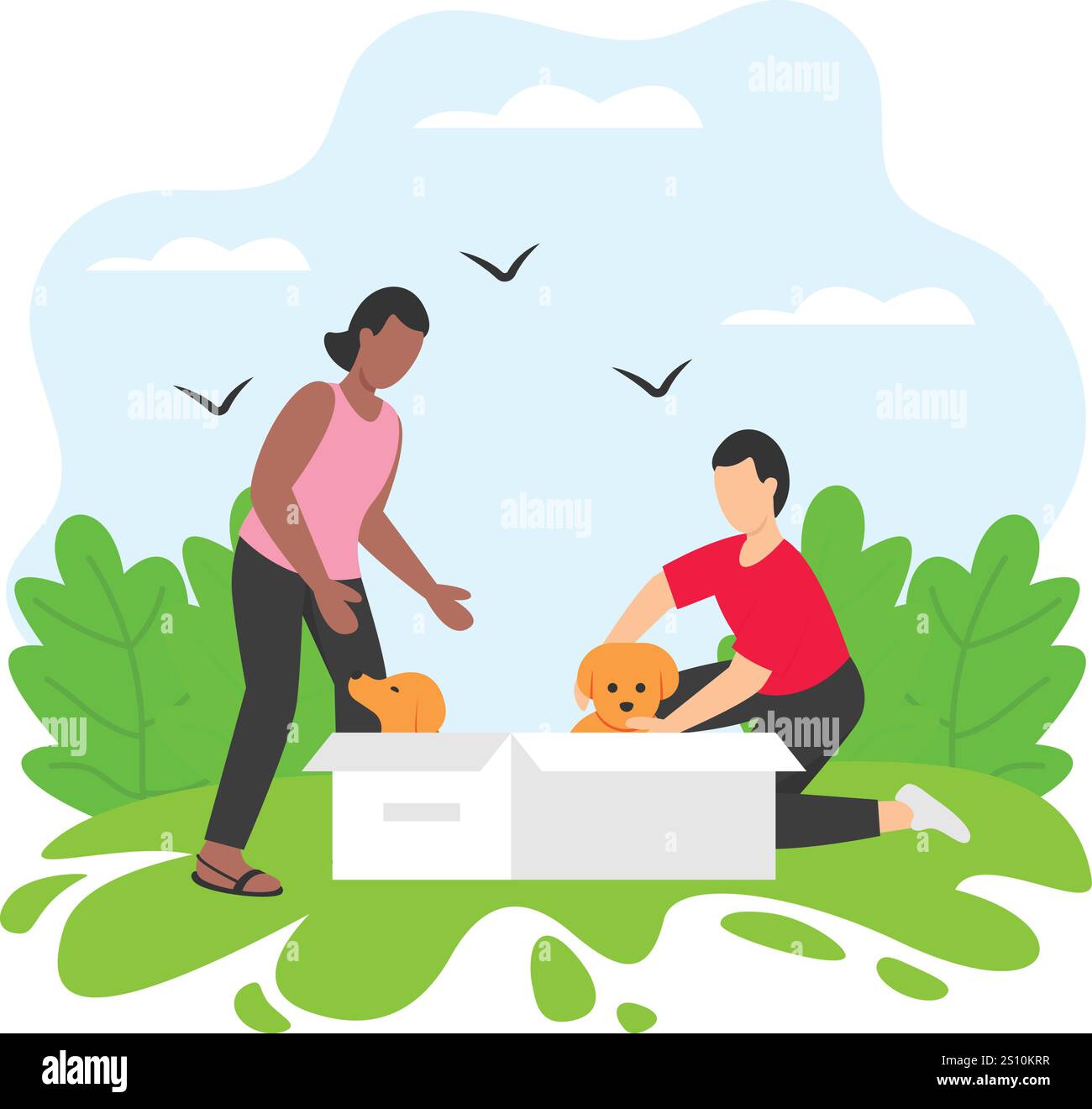 Happy Family Picking Up Doggy and Puppy from Box concept, bonding and ...