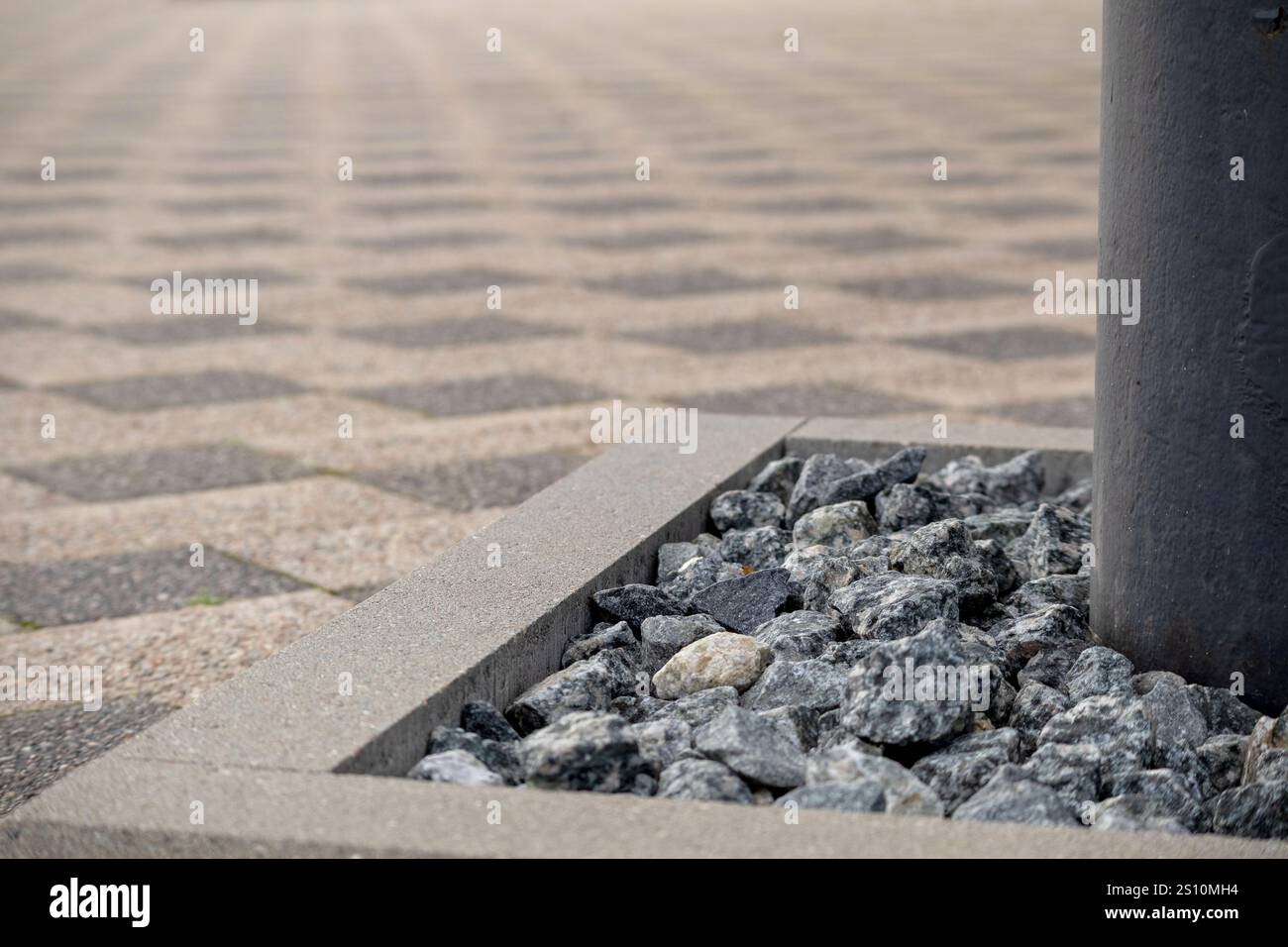 A pavement of small gray concrete blocks arranged in a checkerboard ...