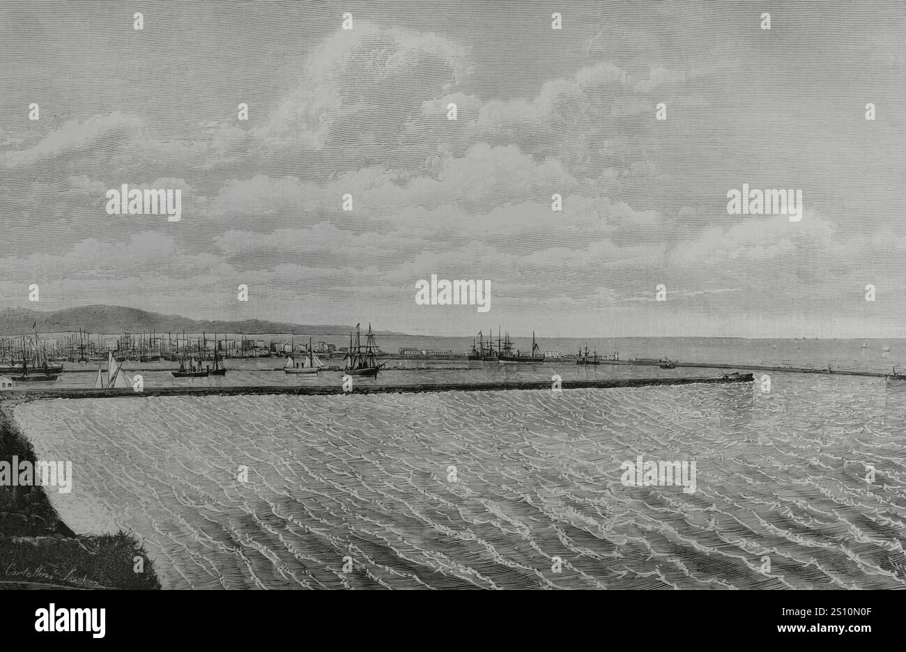 History of Spain. Barcelona, Catalonia. Dock of the new port. Drawing ...