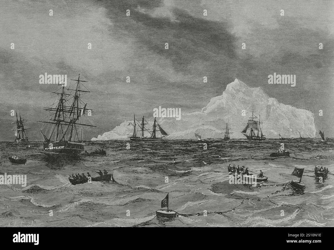 Canada. Cod fishing in Grand Banks of Newfoundland. Drawing by A. de ...