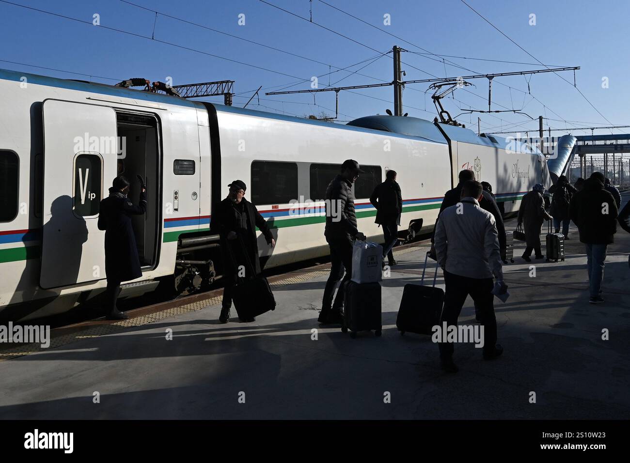 The Afrosiyob high-speed train at the station in Samarkand, Uzbekistan ...