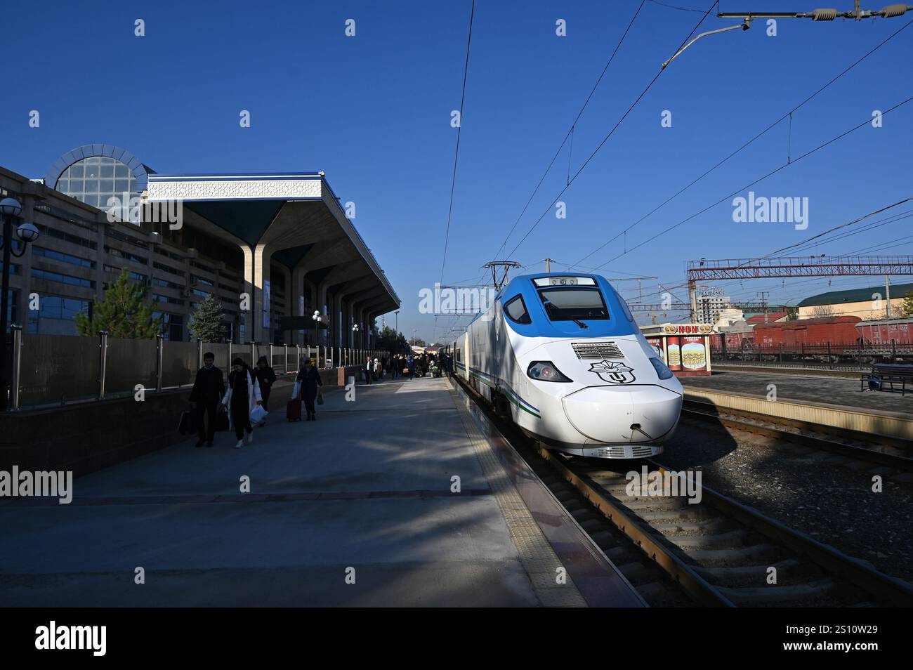 The Afrosiyob high-speed train at the station in Samarkand, Uzbekistan ...