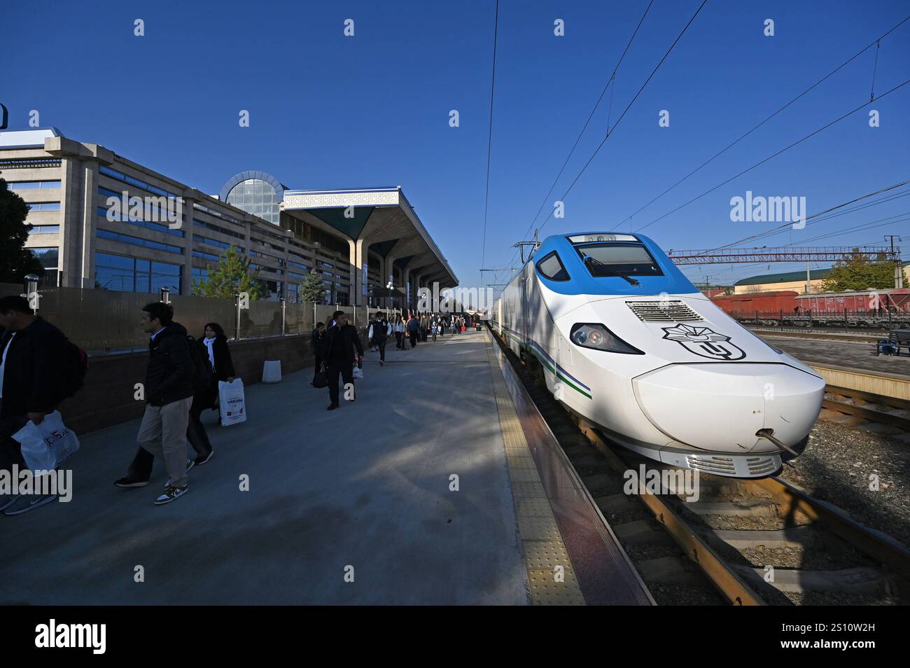 The Afrosiyob high-speed train at the station in Samarkand, Uzbekistan ...