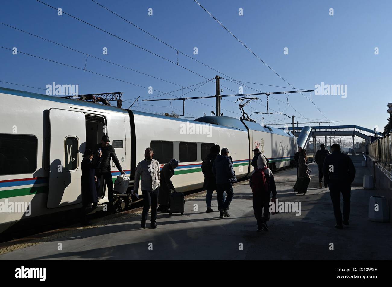 The Afrosiyob high-speed train at the station in Samarkand, Uzbekistan ...