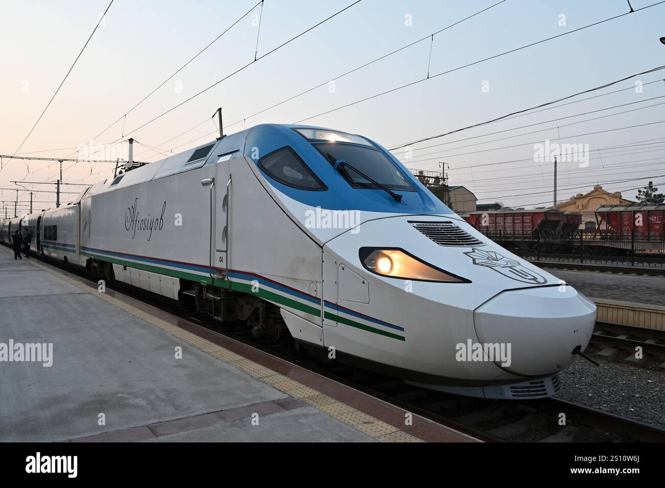 The Afrosiyob high-speed train at the station in Samarkand, Uzbekistan ...