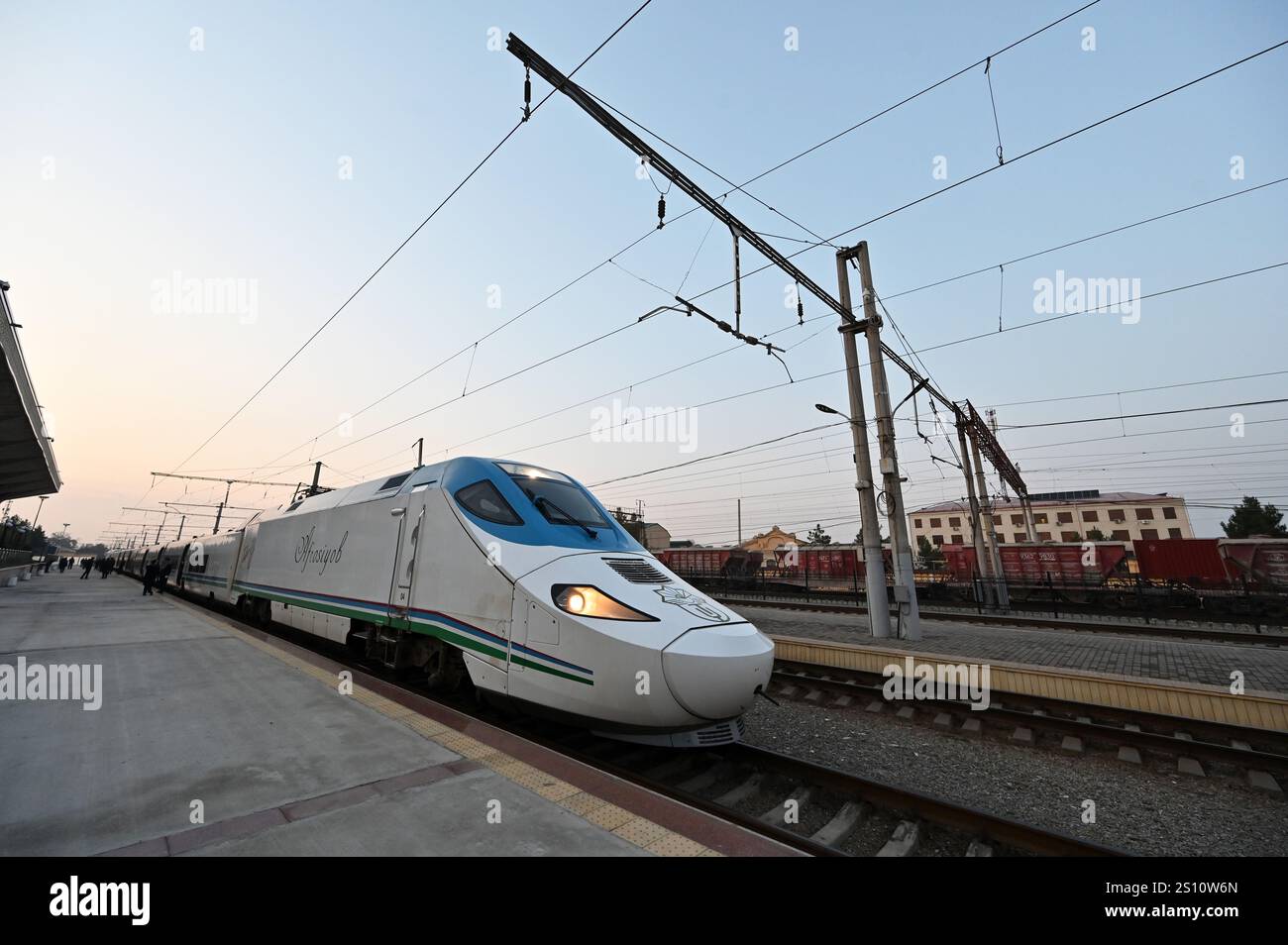 The Afrosiyob high-speed train at the station in Samarkand, Uzbekistan ...